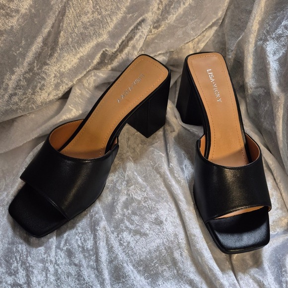 Lisa Vicky | Shoes | Lisa Vicky Black Nappa Square Toe Block Heel Mules ...